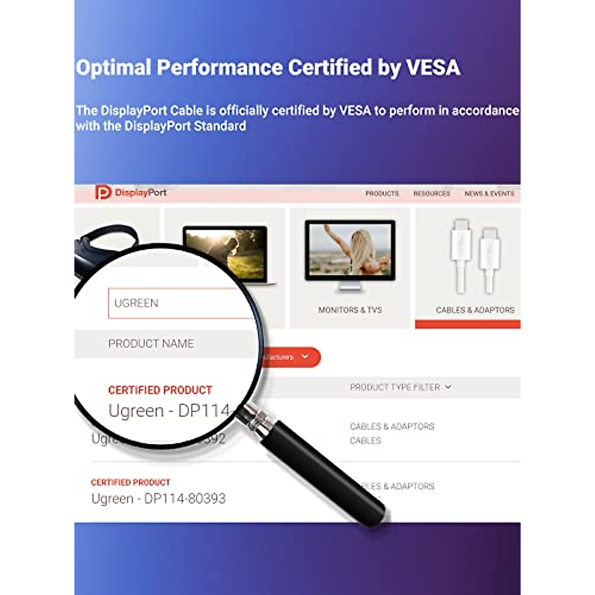 UGREEN VESA Certified 8K DisplayPort Cable 6FT, DP 1.4 Cable Displayport to Displayport Cable Support 8K@60Hz, 4K@144Hz, FreeSync, G-Sync, HDR, 32.4Gbps for HDTVs, Displays, Monitors, Graphics, PC