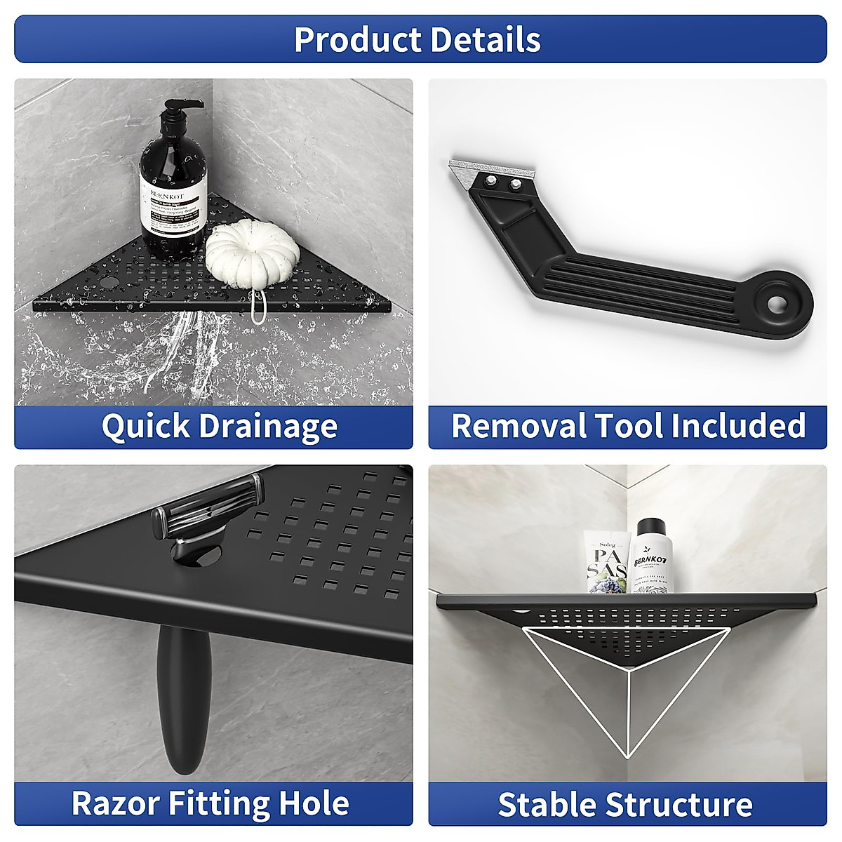 Bernkot 10'' Corner Shower Shelf w/Soap Holder, 304 Stainless Steel Grout in Shelf for Bathroom, Recessed Shelf Rack for Tiled Wall, No Drilling Needed (Black)