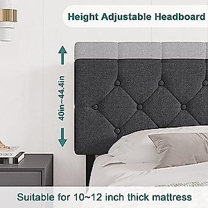 KIETLER King Size Bed Frame with Type-C & USB Ports， Adjustable Headboard， Upholstered Platform with Wooden Slats Support, Linen Fabric Wrap No Box Spring Needed, Easy Assembly, Dark Grey