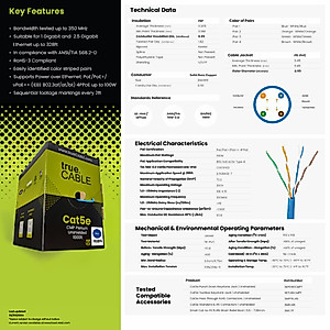 trueCABLE Cat5e Plenum (CMP), 1000ft, Blue, 24AWG 4 Pair Solid Bare Copper, 350MHz, PoE++ (4PPoE), ETL Listed, Unshielded Twisted Pair (UTP), Bulk Ethernet Cable
