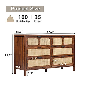 LEVNARY 6 Drawer Dresser for Bedroom, Rattan Dresser Drawer Organizer with Metal Handles, Accent Wood Chest of Drawers for Entryway, Closet, Living Room, Hallway, Nursery (Walnut)