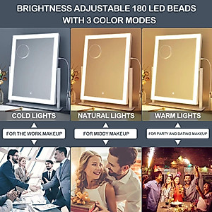 Gvnkvn Lighted Makeup Mirror, Hollywood Vanity Mirror with Lights, Three Color Lighting Modes, and Detachable 10X Magnification Mirror, Smart Touch Control, 360°Rotation (15.2in.)