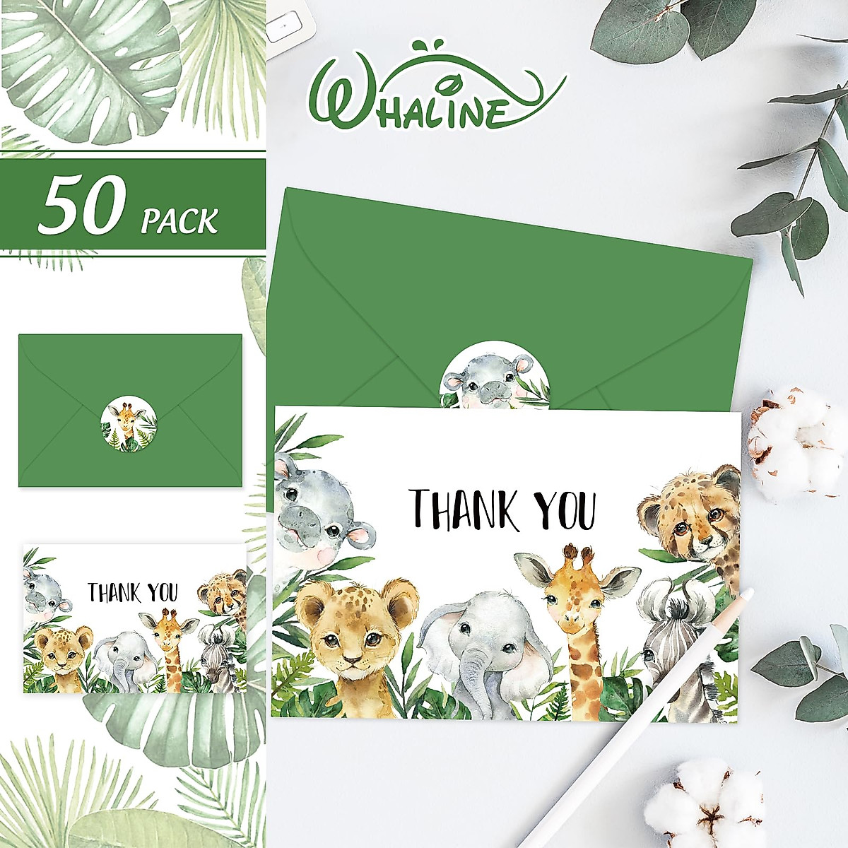 Whaline 50 Pack Safari Jungle Thank You Cards with Envelopes Stickers Jungle Animal Greeting Cards Watercolor Forest Animal Cartoon Blank Note Cards for Birthday Baby Shower Party Supplies