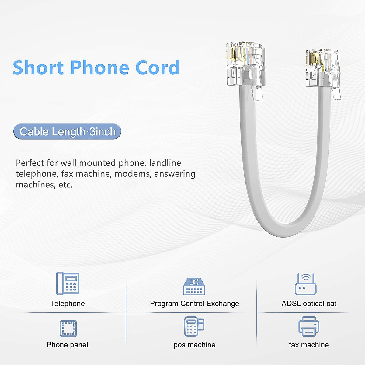 Short Phone Cord, 2 Pack 3 inch RJ11 6P4C Male to Male Telephone Landline Extension Cable Line Wire Connector for Landline Telephone, Modem, Fax Machine, White