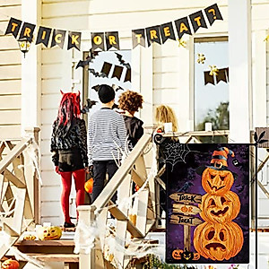 YOVOYOA Happy Halloween Trick or Treat Funny Garden Flag, Witch Hat Pumpkin Lantern Garden Flag, 12.5 x 18 Inch Small Double Sided Halloween Rustic Farmland Burlap Flag for Yard Lawn Outdoor Decor