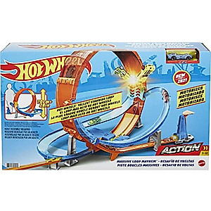 Hot Wheels Toy Car Track Set Massive Loop Mayhem, 28-in Tall Loop, Powered by Motorized Booster, 1:64 Scale Car