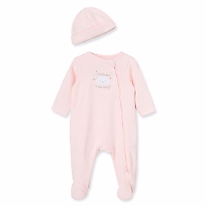 Little Me Clothes for Baby Girls' 2-Piece 100% Cotton Scratch-Free Tag Welcome to the World Footie Sleeper and Cap Set, Newborn