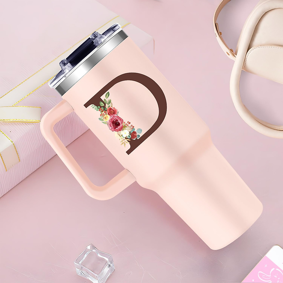 Monogrammed 40oz Tumbler with Handle for Women, Personalized Birthday Gifts for Women,Initial Cups for Woman Floral Letter D,Customized Gifts for Female Lady Gift for Mothers Day Christmas