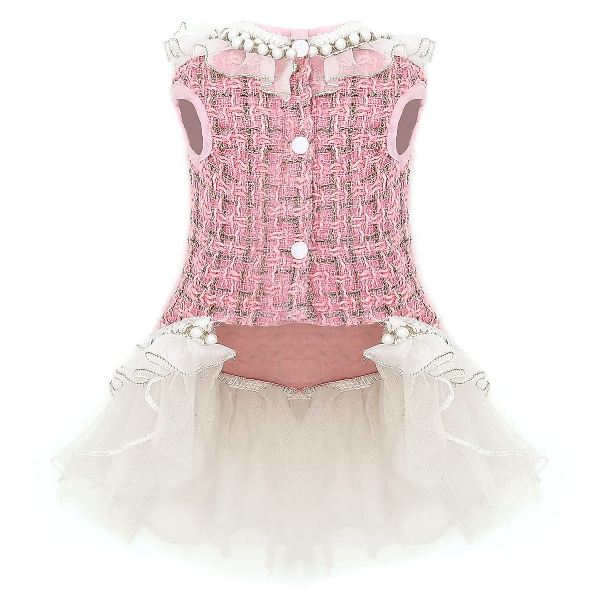 Dog Plaid Dress Lace Tulle Tutu Princess Skirt with Pearls Accessory for Small Girl Dogs Christmas Holiday Wedding Birthday Party (Pink, M)