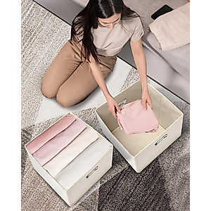 NEATJELAI Storage Cubes 13 Inches Cube Storage Organizer Bins Linen Fabric Storage Container with Metal Hallow Handles,Foldable Design for Shelves Closet Organizers and Storage, 4 Pack, Beige