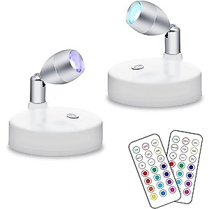 KINDEEP RGB Wireless LED Spotlight, Battery Operated Accent Lights, Indoor Mini Puck Light, Dimmable Uplight with Remote, 4000K Warm White, Stick on Wall Light with Rotatable Head, Silver, 2 Pack