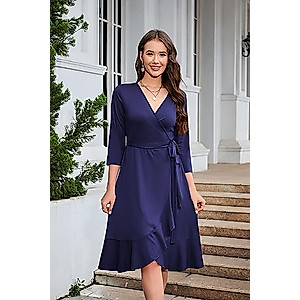 yasingoo Women's V-Neck Wrap Dress 2023 Fall Fashion 3/4 Sleeve Tie Waist Midi Flowy Ruffle Hem Mixi Boho Dresses Dark Blue,Medium
