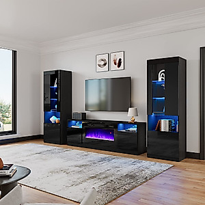 AMERLIFE Fireplace Entertainment Center Set, Includes 70" Fireplace TV Stand & 2 LED Highgloss Bookcases, Modern Storage Cabinets for TVs up to 80", Black