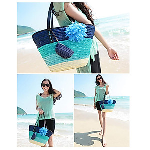 QTKJ Fashion Women Girls Hand-Woven Summer Beach Big Tote Straw Bag Handbag Big Flower Shoulder Bag with Cute Purse (Blue)