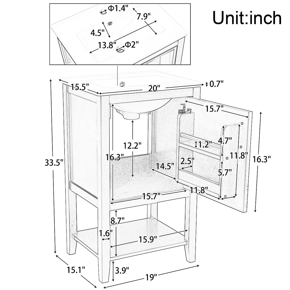 ANTSKU 20 Inch Small Bathroom Vanity with Sink Combo, Modern Single Sink Vanity with Top, Wood Bathroom Cabinet with Ceramic Sink, Soft Closing Door, Storage Rack and Open Shelf (White)