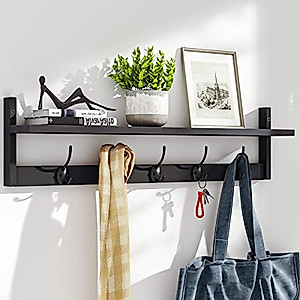 BAMEOS Wall Hooks with Shelf 28.9 Inch Length Entryway Wall Hanging Shelf Wood Coat Hooks for Wall with Shelf Wall-Mounted Coat Hook Rack with 5 Dual Hooks for Bathroom, Living Room, Bedroom (Black)