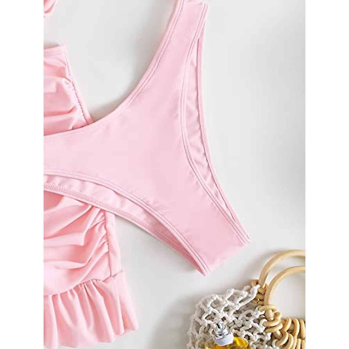 WDIRARA Women's 3 Pieces Tie Front Push Up Bikini Swimsuit with Ruched Ruffle Hem Beach Skirt Pink L