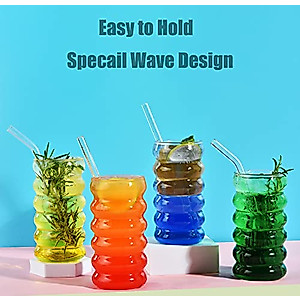 ALINK Ribbed Drinking Glass Cups with Straws Set of 4, 16 oz Aesthetic Iced Coffee Glasses, Wave Bubble Glasses Tumbler, Ripple Glassware, Beer Glasses for Coctail, Milk, Soda, Gift with Brush