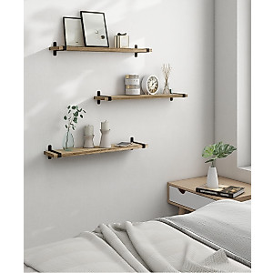 Sapowerntus Wood Floating Shelves Bathroom Wall Mounted, 24 Inch Light Rustic Farmhouse Narrow Shelf Storage, Bedroom Living Room Kitchen Office Display Decor with U Metal Brackets Set of 3