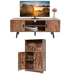 Iwell Mid Century TV Stand & Large Storage Cabinet with 2 Drawers & 2 Shelf Set, Sideboard Cupboard with Double Door, Boho Cocktail Table for Living Room, Bedroom, Kitchen, Home Office, Rustic