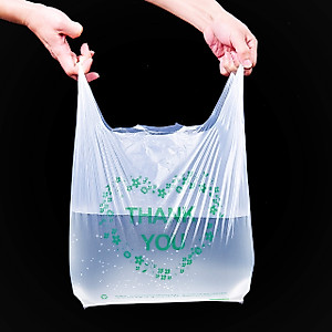 LazyMe Thank You T Shirt Bags White Plastic Grocery Bags with Handles,Standard Supermarket Size, 12 x 20 inch (50 pcs)
