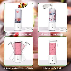 Portable Blender,TECMOSAIC Personal Blender for Shakes and Smoothies with 15 Oz Travel Cup and Lid,Mini Blender USB Rechargeable-White