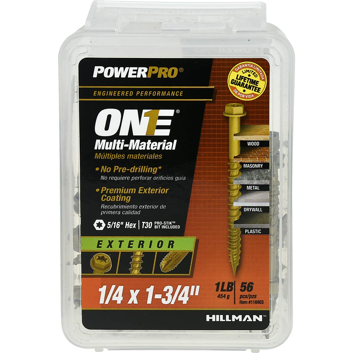 Power Pro Premium One Multi-Material Hex Washer Head Screws, Epoxy Coated Steel, Fasten in Wood, Metal, Concrete, Drywall and Plastic, Bronze, ¼ x 1-¾ inches, Box of 56 Screws