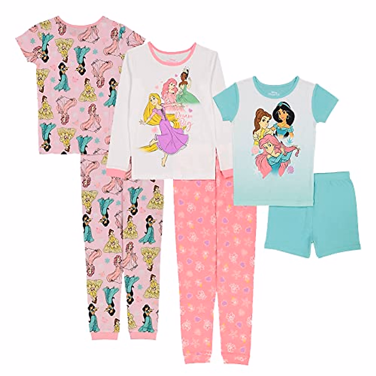Disney Girls' Princess 6-Piece Snug-Fit Cotton Pajamas Set, DREAM BIG, 6