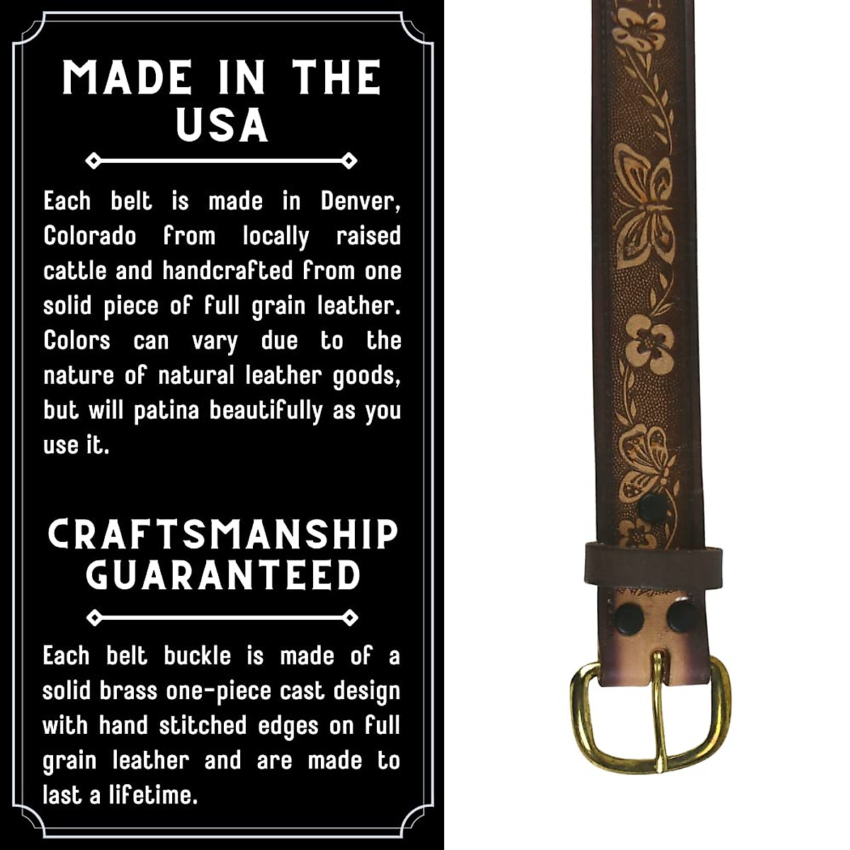 R.G. BULLCO 1-1/2" Handcrafted Women's Leather Belt - Butterfly & Floral Embossed, Full Grain Leather - Brown - Size 32 - RGB-5517