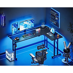 MOTPK L Shaped Gaming Desk with Led Lights, 55 Inch Gaming Computer Desk with Carbon Fiber Texture, Pc Gaming Table with Power Outlet and Headphone Hook, L Desk for Gaming, Black