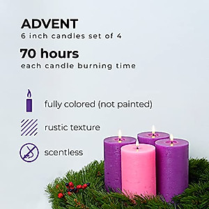 CANDWAX 3x6 Pillar Advent Candles Set of 4 - Rustic Pillar Candles Unscented and No Drip Candles - Ideal as Candles for Advent Wreath or Christmas Decorations - Purple Set of Advent Pillar Candles