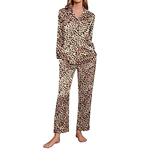 Ekouaer Silk Satin Pajamas Women's Long Sleeve Sleepwear Soft Button Down Pj Set 2 Piece Loungewear Brown Leopard,XL