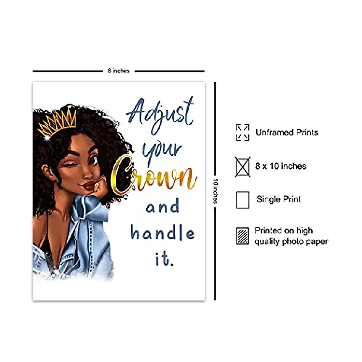 African American Woman Wall Art - Black Queen- Inspirational Quotes Wall Decor - Motivational Posters - Uplifting Encouragement Gifts for Women - Girls Bedroom Living Room Home Office - Afro Girl 8x10