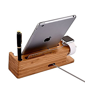 MOOZO Bamboo Wood Desktop Charging Dock Station Charger Holder Cradle Stand Compatible iPhone Xs MAX XR X 8 7 6 6S Plus Apple Watch 2 3 4 / iWatch Samsung Galaxy S8 S7 S6 Edge Plus LG HTC Smartphones