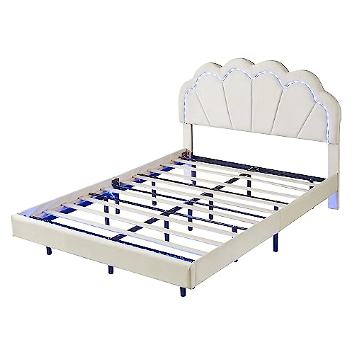 Harper & Bright Designs Floating Upholstered Full Platform Bed with LED Lights and Flowers Headboard. Velvet Full Size Bed Frame with Wooden Slats Support, No Box Spring Needed (Full, Beige)