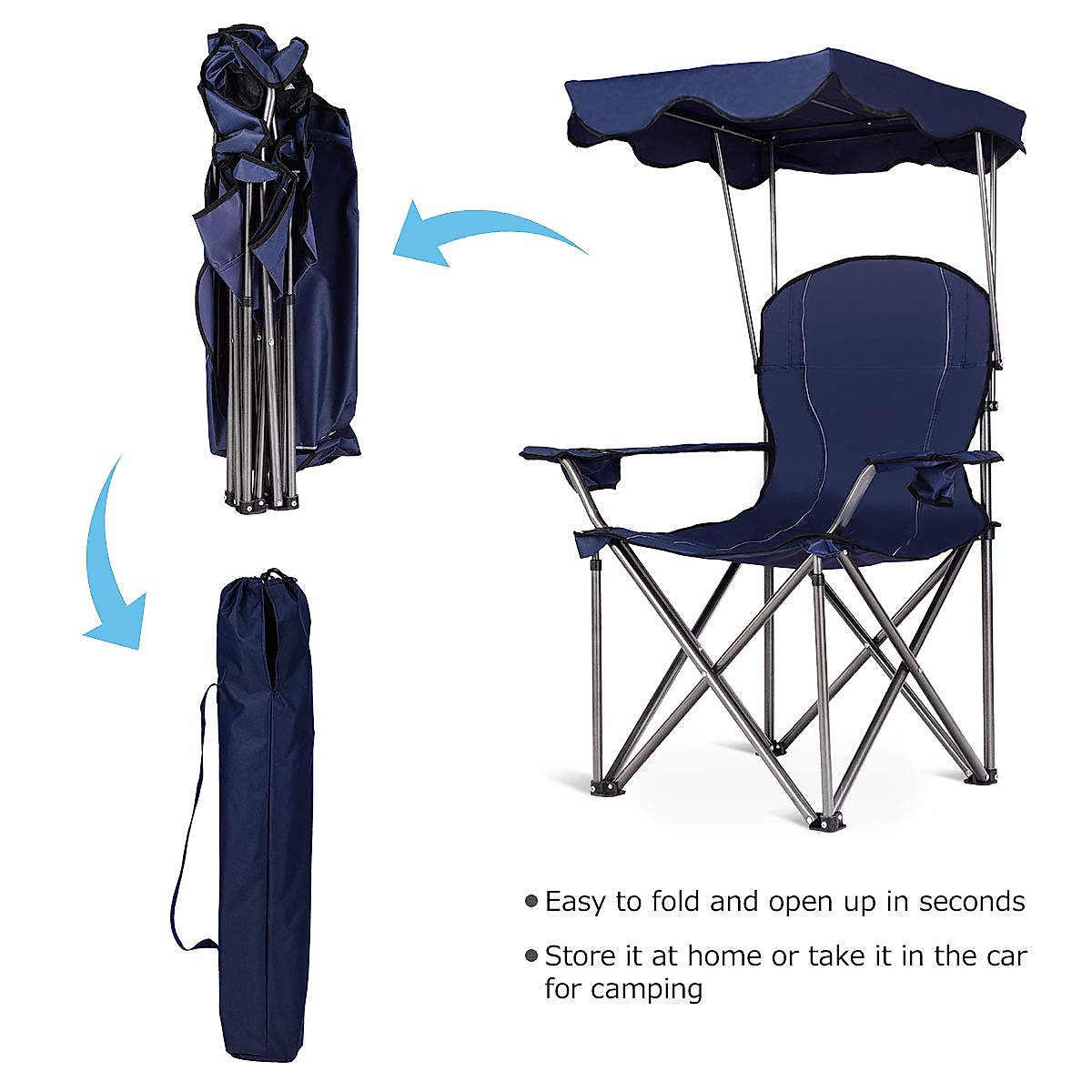 Goplus Beach Chair with Canopy Shade, Folding Lawn Chair with Umbrella Cup Holder & Carry Bag, Portable Sunshade Chair for Adults for Outdoor Travel Hiking Fishing (Blue)