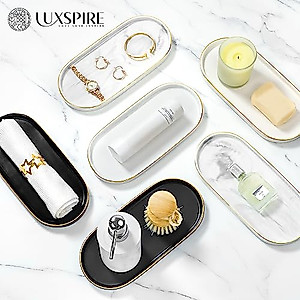 Luxspire Bathroom Vanity Tray, Marble Ceramic Dresser Jewelry Dish with Golden Rim, Decorative Tray Countertop Sink Storage Holder Organizer for Soap Candles Perfume Comestic Home Decor, Matte White