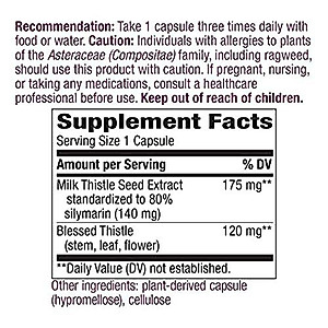 Nature's Way Milk Thistle, Premium Blend, 80% Silymarin per serving, Non-GMO, 120 Capsules