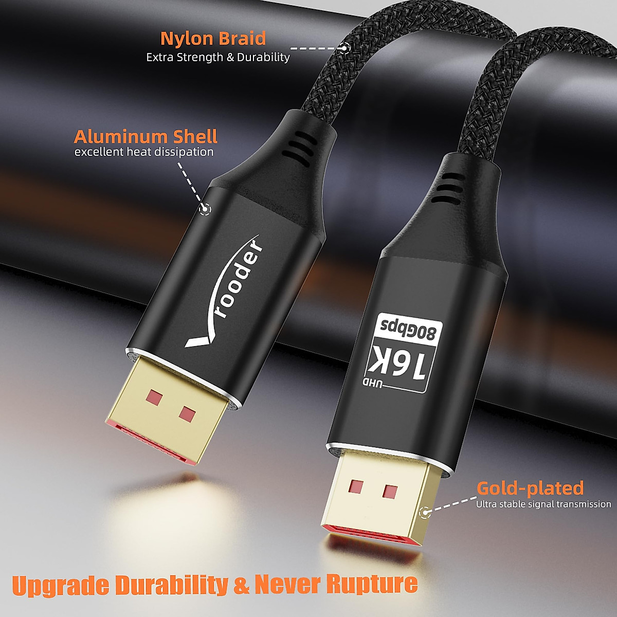 VROODER DisplayPort Cable 2.1, 6.6FT 16K DP 2.0 Cable, UHD DisplayPort Cable for 80Gbps, [16K@60Hz, 8K@120Hz, 4K@240Hz 165Hz 144Hz] HDR, HDCP DSC 1.2a, Displayport Cable,DP Cable for 16K