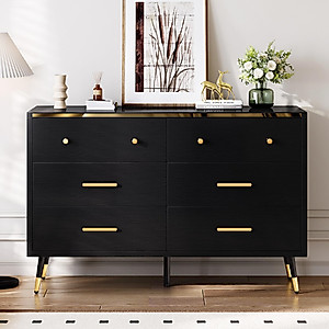 DWVO Black 6 Drawer Dresser, 47" W Large Double Dresser Chest of Drawers, Modern Wood Storage Dresser Organizer with Golden Metal Handles & Anti-Tipping Device for Hallway, Entryway, Dresser Room