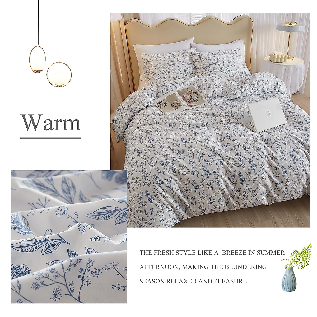 3 Pieces Duvet Cover Queen Size White Bedding Duvet Cover with Blue Floral Print,Soft Cotton Coquette Bedding Comforter Cover Boho Style,Aesthetic Queen Bedding Set with Zipper Closure 4 Ties