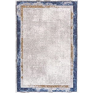 Abani Solid Grey Rugs Geometric Pattern 4'x6' Bedroom Rug - Modern Design Blue Border No-Shedding Premium Area Rug