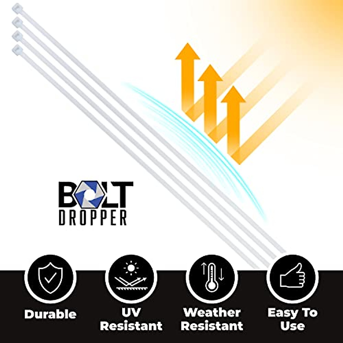 8 Inch White Zip Cable Ties (1000 Bulk Pack), 40lbs Tensile Strength - Heavy Duty, Self-Locking Premium Nylon Cable Wire Ties for Indoor and Outdoor by Bolt Dropper (White)