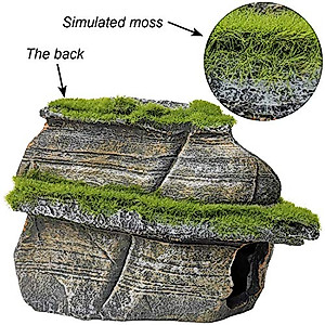 PINVNBY Aquarium Rock Cave, Hollow Fish Tank Ornament, Betta Hiding Hut Resin Mountain Landscape with Moss for Shrimps Guppies Cichlids Playing Resting