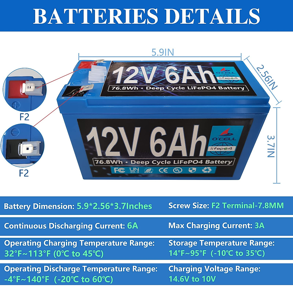 OCELL 12V 6Ah Lithium Iron Phosphate Battery, Rechargeable LiFePo4 Battery with 10 Years Lifetime, Low Self-Discharge for Kid Scooters, Security Alarm, Power Wheel, Fish Finder, Emergency Lighting