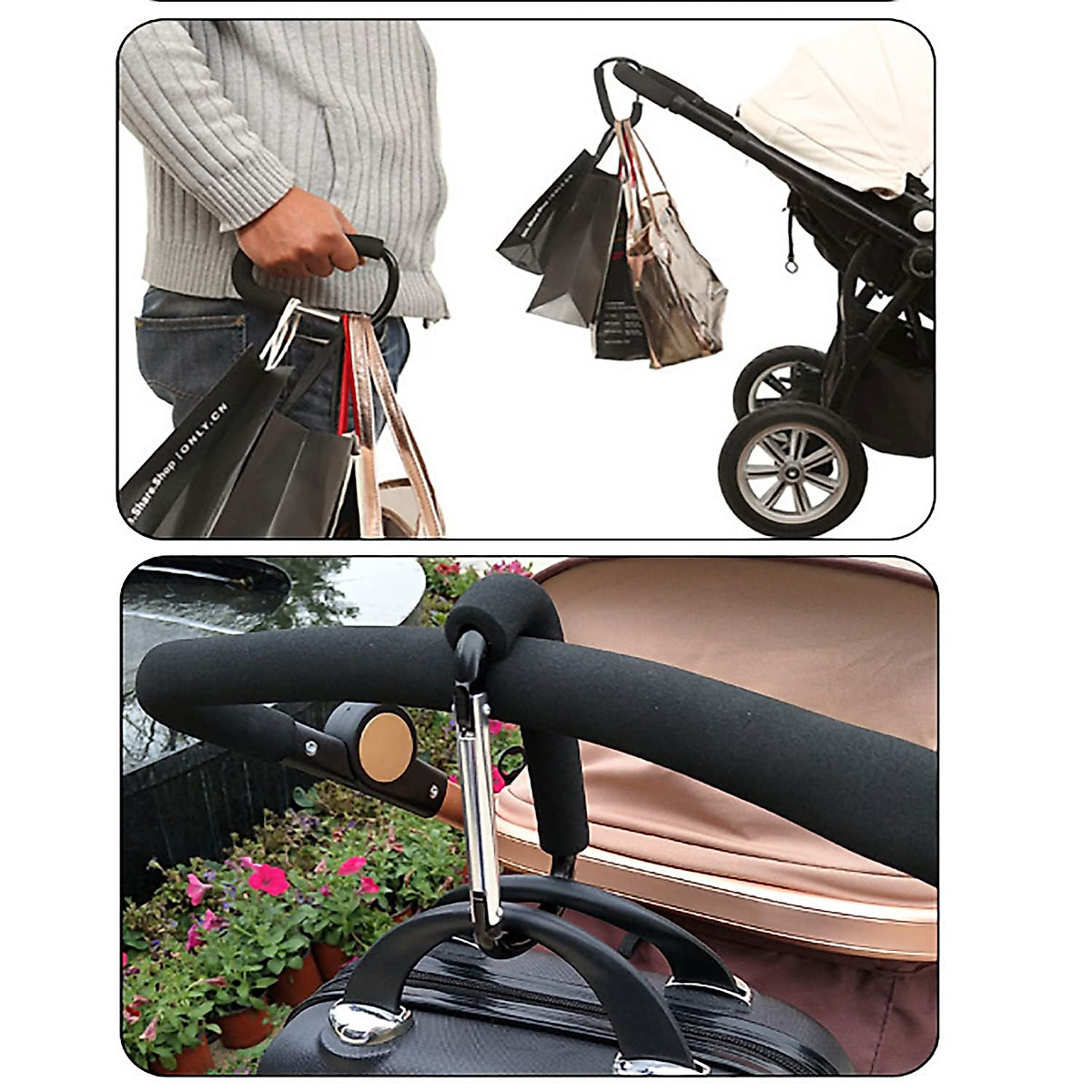 MroMax Pack of 2 Grocery Bag Holder Handle Carrier Tool Grip Your Tote，Handy Stroller Hooks, Multi Purpose Hooks, Pushchair Shopping Bag Hook Carabiner Maximum Load 6.61 lb (Red)