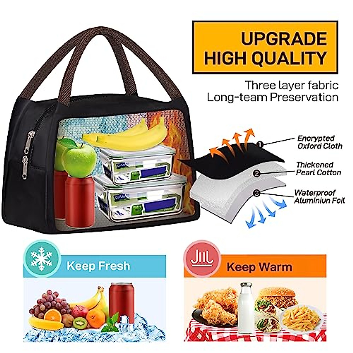 Buringer Reusable Insulated Lunch Bag Cooler Tote Box Meal Prep for Men & Women Work Picnic or Travel(Black)