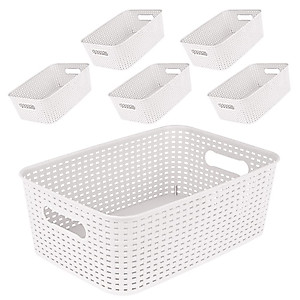 MBKO Plastic Storage Basket - Kitchen Office Pantry Organizer Bins (Medium-6PK, White)