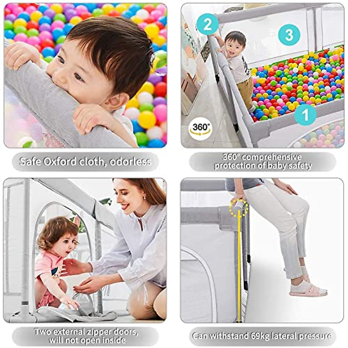 "Baby Playpen(59*70 in), Indoor & Outdoor Kids Activity Center with Anti-Slip Base, Sturdy Safety Play Yard with Super Soft Breathable Mesh, Kid's Fence for Infants Toddlers(GREY-XL)"