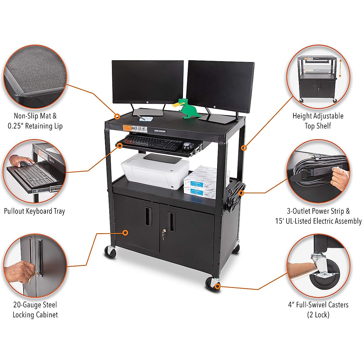 Line Leader Extra Wide AV Cart with Locking Cabinet, Rolling Computer Desk, Height Adjustable Utility Cart with Pullout Keyboard Tray & UL-Listed Power Strip, Great for Projectors (42 x 32 x 20in)